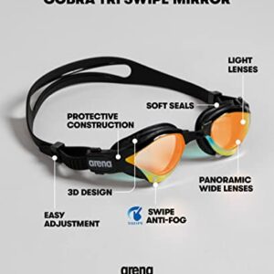 Arena Unisex Adult Cobra Tri Swimming Goggles for Triathlon and Fitness Swipe Anti-Fog Wide Vision Mirror Lens, Yellow Copper/Black