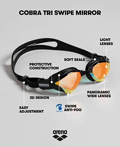 Arena Unisex Adult Cobra Tri Swimming Goggles for Triathlon and Fitness Swipe Anti-Fog Wide Vision Mirror Lens, Yellow Copper/Black