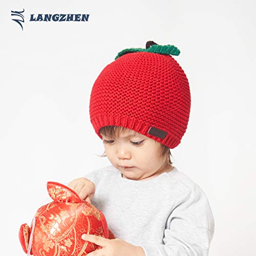 LANGZHEN Toddler Boys Girls Winter Hat Knit Beanie Hat for Fall Kids Baby Cute Warm Cap(Red-Apple,50-52CM)