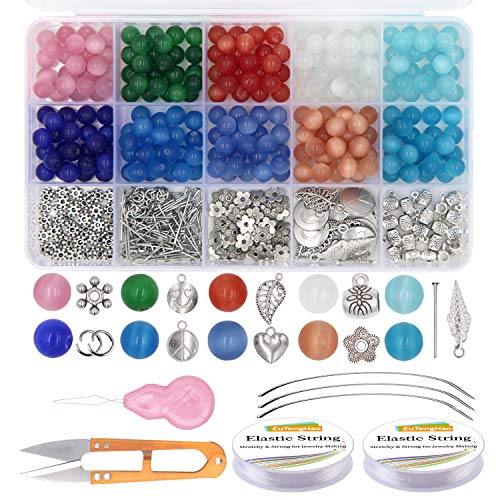 EuTengHao 488Pcs Cat Eye Glass Beads Set Natural Gemstone Round Loose Stone Beads with Pendant Accessories Open Jump Ring Spacer Beads Bracelet String for Bracelet Necklaces Crafting Earrings Jewelry