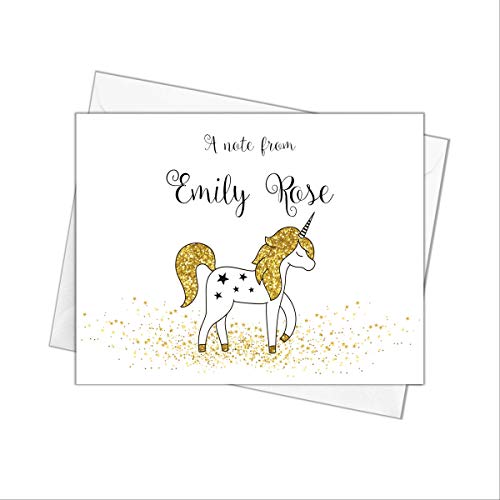 Gold Unicorn Note Cards with Envelopes, Personalized Stationery Set for Girls, Pack of 10 Folded Notecards