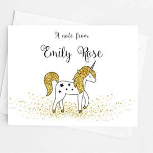 Gold Unicorn Note Cards with Envelopes, Personalized Stationery Set for Girls, Pack of 10 Folded Notecards