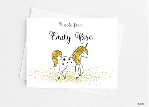 Gold Unicorn Note Cards with Envelopes, Personalized Stationery Set for Girls, Pack of 10 Folded Notecards