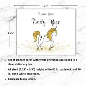 Gold Unicorn Note Cards with Envelopes, Personalized Stationery Set for Girls, Pack of 10 Folded Notecards