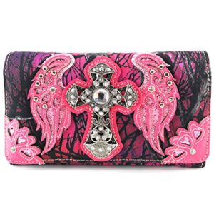 zelris camouflage shine glow cross wings women crossbody trifold wallet (hot pink)