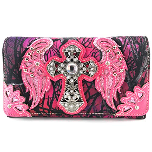 Zelris Camouflage Shine Glow Cross Wings Women Crossbody Trifold Wallet (Hot Pink)