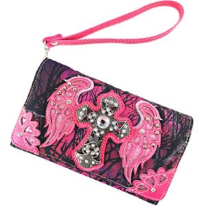 Zelris Camouflage Shine Glow Cross Wings Women Crossbody Trifold Wallet (Hot Pink)