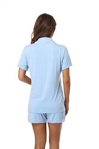 COLORFULLEAF Womens Pajamas Set Summer Short Sleeve Sleepwear Button Down Nightwear Shorts Soft Pj Sets(Blue/White Dots, 3XL)