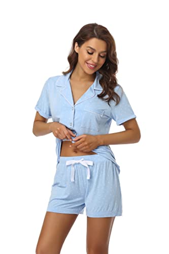 COLORFULLEAF Womens Pajamas Set Summer Short Sleeve Sleepwear Button Down Nightwear Shorts Soft Pj Sets(Blue/White Dots, 3XL)