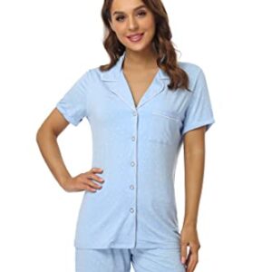 COLORFULLEAF Womens Pajamas Set Summer Short Sleeve Sleepwear Button Down Nightwear Shorts Soft Pj Sets(Blue/White Dots, 3XL)