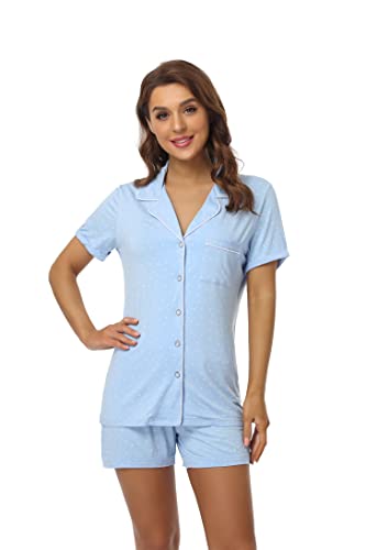 COLORFULLEAF Womens Pajamas Set Summer Short Sleeve Sleepwear Button Down Nightwear Shorts Soft Pj Sets(Blue/White Dots, 3XL)