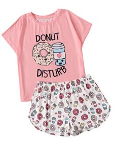 didk women's cartoon print tee and curved hem shorts pajama set pink and white xs