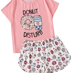 DIDK Women's Cartoon Print Tee and Curved Hem Shorts Pajama Set Pink and White XS