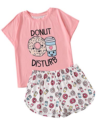 DIDK Women's Cartoon Print Tee and Curved Hem Shorts Pajama Set Pink and White XS