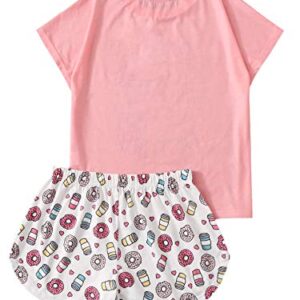 DIDK Women's Cartoon Print Tee and Curved Hem Shorts Pajama Set Pink and White XS