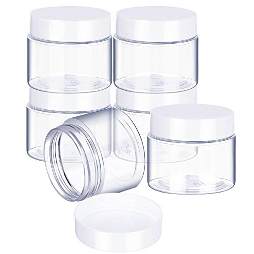 6 Pack 1 oz Plastic Pot Jars Round Clear Leak Proof Plastic Cosmetic Container Jars with White Lids for Travel Storage Make Up, Eye Shadow, Nails, Powder, Paint, Jewelry (White-1 oz)