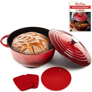 uno casa enameled cast iron dutch oven - 6 qt dutch oven pot with lid, long-lasting enamel dutch oven for bread baking, non-stick bread dutch oven, enamel cast iron cookware - red dutch oven 6 quart