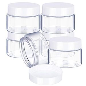 6 pack 2 oz plastic pot jars round clear leak proof plastic cosmetic container jars with white lids for travel storage make up, eye shadow, nails, powder, paint, jewelry(2 oz)