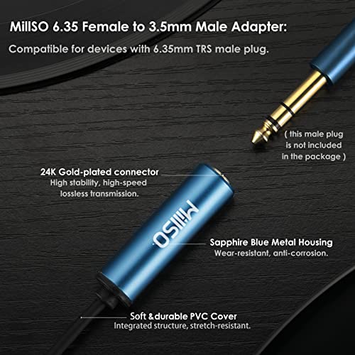 MillSO 1/4 to 3.5mm Headphone Adapter, TRS 6.35mm Female to 3.5mm Male 1/8 to 1/4 Stereo Audio Adapter for Amplifiers, Guitar, Piano, Home Theater Devices to Phone, Laptop, Headphones - 12inch/30cm