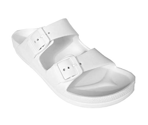 H2K Womens Comfort Slides Adjustable Double Buckle EVA Flat Slide Sandals (White, 10)