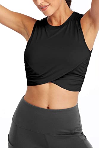 Sanutch Cropped Workout Tops for Women Cute Sleeveless Yoga Tops Running Gym Workout Shirts Black S