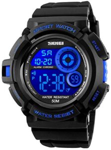 fanmis mens military multifunction digital watches 50m water resistant electronic 7 color led backlight black sports watch (blue)