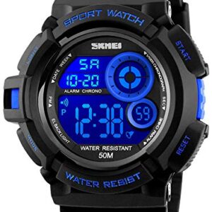 FANMIS Mens Military Multifunction Digital Watches 50M Water Resistant Electronic 7 Color LED Backlight Black Sports Watch (Blue)