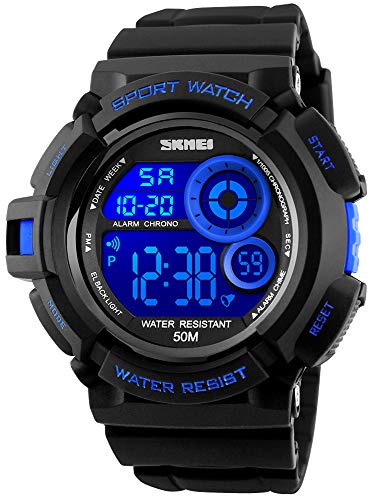 FANMIS Mens Military Multifunction Digital Watches 50M Water Resistant Electronic 7 Color LED Backlight Black Sports Watch (Blue)