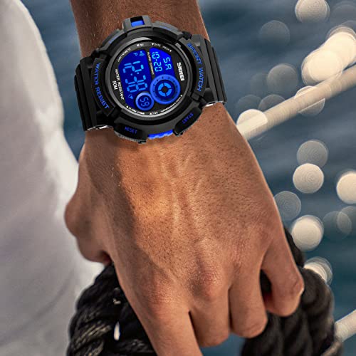 FANMIS Mens Military Multifunction Digital Watches 50M Water Resistant Electronic 7 Color LED Backlight Black Sports Watch (Blue)