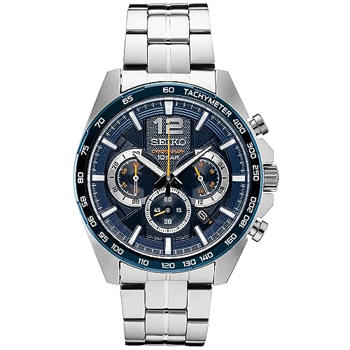 SEIKO SSB345 Watch for Men - Essentials Collection - with Quartz Chronograph, Tachymeter Bezel, Blue Ion-Finish, Date Calendar, Stainless Steel Case and Bracelet, and 100m Water-Resistant