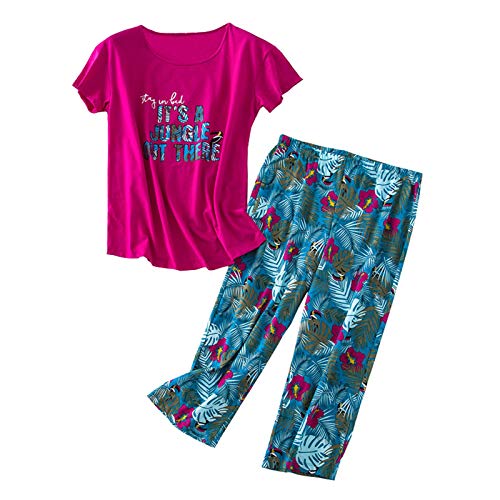 GTLY Womens Pajama Sets Plus Size Soft Sleepwear Top and Capri Pants 2 Piece Pjs Set Loungewear Jungle 3XL Rose