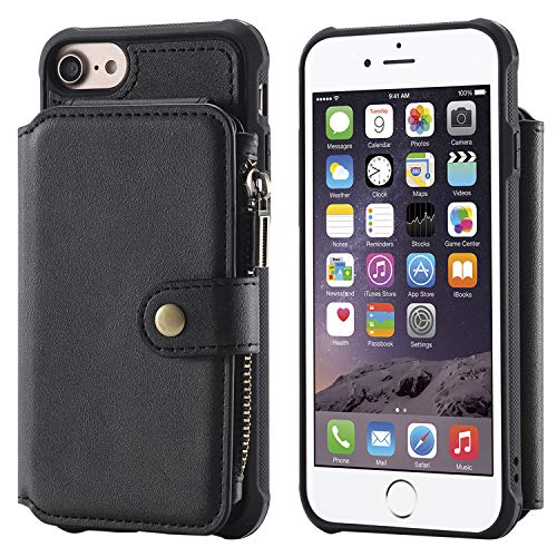 Phone Cover for iPhone 8 2019 Leather,Black 4.7inch Holder 8 Card Slot (ID Card,Credit Card) Magnetic Buckle Coin Pocket with Zipper Photo Frame Cash Slot Waterproof Gift Girls Boys Unisex