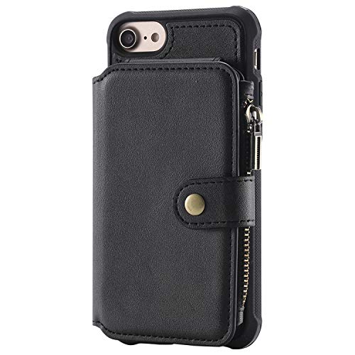 Phone Cover for iPhone 8 2019 Leather,Black 4.7inch Holder 8 Card Slot (ID Card,Credit Card) Magnetic Buckle Coin Pocket with Zipper Photo Frame Cash Slot Waterproof Gift Girls Boys Unisex