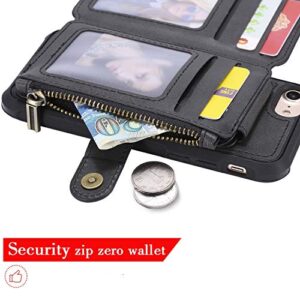 Phone Cover for iPhone 8 2019 Leather,Black 4.7inch Holder 8 Card Slot (ID Card,Credit Card) Magnetic Buckle Coin Pocket with Zipper Photo Frame Cash Slot Waterproof Gift Girls Boys Unisex