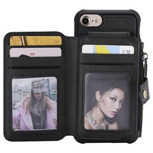 Phone Cover for iPhone 8 2019 Leather,Black 4.7inch Holder 8 Card Slot (ID Card,Credit Card) Magnetic Buckle Coin Pocket with Zipper Photo Frame Cash Slot Waterproof Gift Girls Boys Unisex