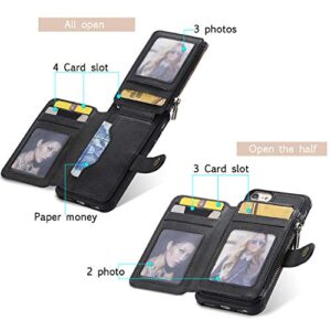 Phone Cover for iPhone 8 2019 Leather,Black 4.7inch Holder 8 Card Slot (ID Card,Credit Card) Magnetic Buckle Coin Pocket with Zipper Photo Frame Cash Slot Waterproof Gift Girls Boys Unisex