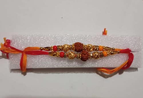 Rakhi for Brother Rakhi Set of 2 SINGLE RUDRAKSH WITH RINGS AND GOLDEN BEED Thread Bracelet for Bhai Bhaiya- Indian Rakhi Raksha Bandhan Festival gift for your loving Brother/Sibling , Family Member