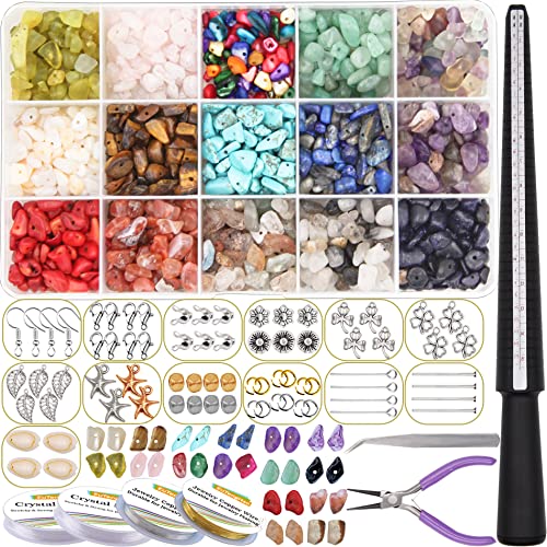 EuTengHao 1100Pcs Irregular Chips Stone Beads Natural Gemstone Beads Kit with Earring Hooks Spacer Beads Pendants Charms Jump Rings for DIY Jewelry Necklace Bracelet Earring Making Supplies