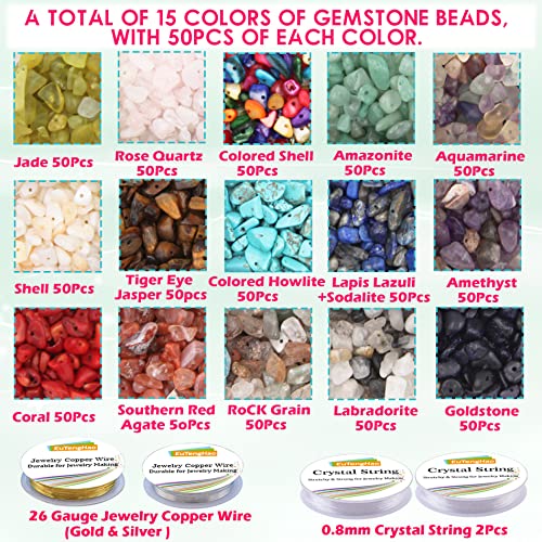 EuTengHao 1100Pcs Irregular Chips Stone Beads Natural Gemstone Beads Kit with Earring Hooks Spacer Beads Pendants Charms Jump Rings for DIY Jewelry Necklace Bracelet Earring Making Supplies