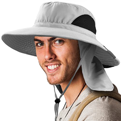 SUN CUBE Fishing Hat Sun Hat for Men, Women, Hiking Sun Hat with Neck Flap, Wide Brim, Chin Strap, Safari Summer Bucket Boonie Hat, UPF 50+ Outdoor Protection, Packable Breathable Mesh (Light Gray)