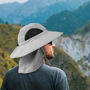 SUN CUBE Fishing Hat Sun Hat for Men, Women, Hiking Sun Hat with Neck Flap, Wide Brim, Chin Strap, Safari Summer Bucket Boonie Hat, UPF 50+ Outdoor Protection, Packable Breathable Mesh (Light Gray)