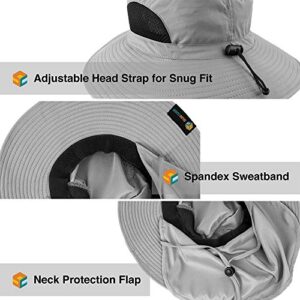 SUN CUBE Fishing Hat Sun Hat for Men, Women, Hiking Sun Hat with Neck Flap, Wide Brim, Chin Strap, Safari Summer Bucket Boonie Hat, UPF 50+ Outdoor Protection, Packable Breathable Mesh (Light Gray)