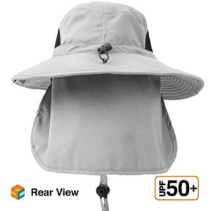 SUN CUBE Fishing Hat Sun Hat for Men, Women, Hiking Sun Hat with Neck Flap, Wide Brim, Chin Strap, Safari Summer Bucket Boonie Hat, UPF 50+ Outdoor Protection, Packable Breathable Mesh (Light Gray)