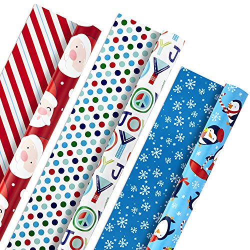 Hallmark Christmas Reversible Wrapping Paper, Kids (Pack of 3, 120 sq. ft. ttl) Santa, Joy, Penguins, Snowflakes, Polka Dots, Stripes