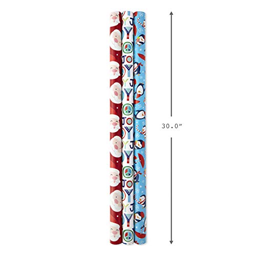 Hallmark Christmas Reversible Wrapping Paper, Kids (Pack of 3, 120 sq. ft. ttl) Santa, Joy, Penguins, Snowflakes, Polka Dots, Stripes