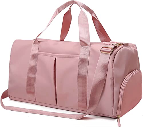 Suruid Sports Gym Bag Travel Duffel Bag for Women and Men Waterproof Weekender Overnight Tote Carry On Bag with Shoes Compartment & Wet Pocket Lightweight Adjustable Strap - Pink