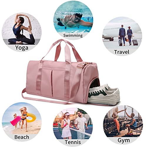 Suruid Sports Gym Bag Travel Duffel Bag for Women and Men Waterproof Weekender Overnight Tote Carry On Bag with Shoes Compartment & Wet Pocket Lightweight Adjustable Strap - Pink