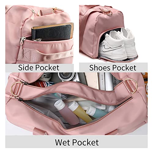 Suruid Sports Gym Bag Travel Duffel Bag for Women and Men Waterproof Weekender Overnight Tote Carry On Bag with Shoes Compartment & Wet Pocket Lightweight Adjustable Strap - Pink