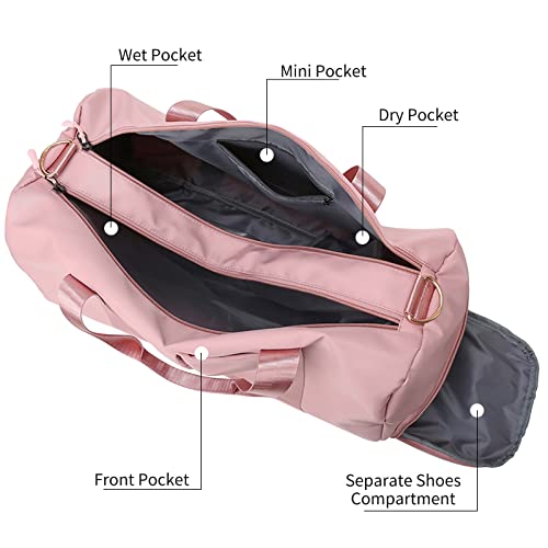 Suruid Sports Gym Bag Travel Duffel Bag for Women and Men Waterproof Weekender Overnight Tote Carry On Bag with Shoes Compartment & Wet Pocket Lightweight Adjustable Strap - Pink