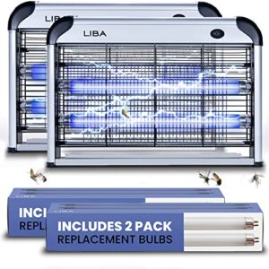 liba electric bug zapper (2-pack) indoor insect killer - (4) extra replacement bulbs - fly, mosquito killer and repellent - lightweight, powerful 2800v grid, easy-to-clean, removable washable tray.